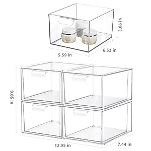 Syntus 4 Piece Set Stackable Makeup Organizer Drawers, 4.4'' Tall Acrylic Bathroom Storage Drawer, Plastic Cosmetics Storage Box for Vanity, Undersink, Skincare, Kitchen Cabinets, Pantry Organization
