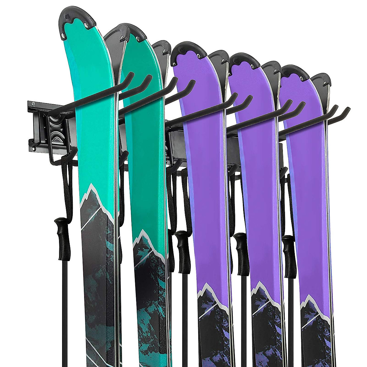 Hutigertech Ski Wall Rack, 5 Pairs of Snowboard Wall Storage Rack, Home and Garage Skiing Storage Rack Wall Mount, Adjustable Rubber-Coated Hooks Hold up to 500lbs