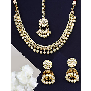 Priyaasi Kundan Indian Jewellery Set for Women with Mang Tikka | Gold-Plated | Floral-Leaf Design | Pearl Drop | Indian Bridal Jewelry Set for Wedding | Jhumka Earrings | White & Golden