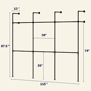 KELIXU Industrial Pipe Clothing Rack Height Adjustable Garment Rack for Hanging Clothes, Heavy Duty Iron Clothes Rack with Double Rods, Wall Mounted Walk in Closet Systems (Three, Black)