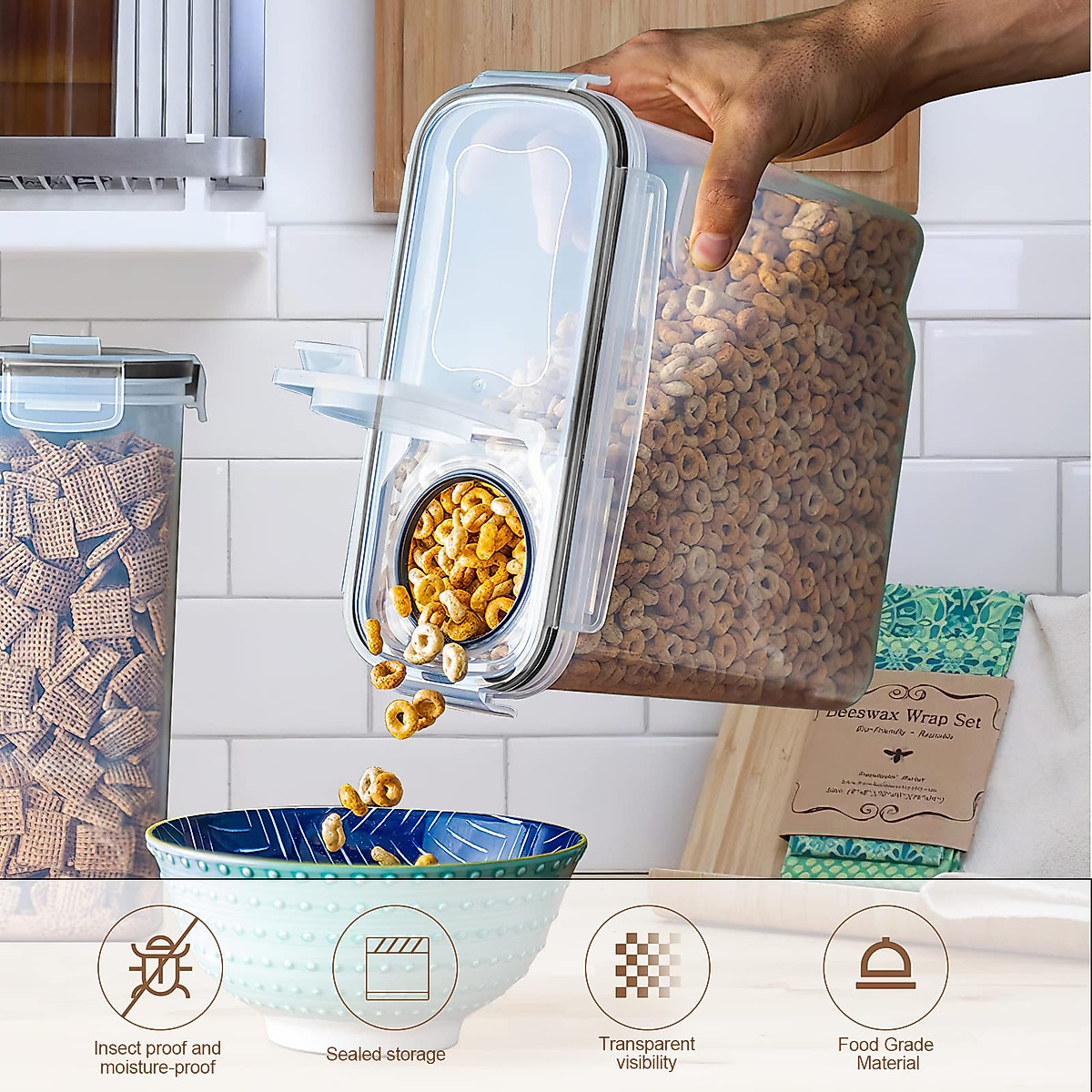 HOHAOO Cereal Storage Containers,Set of 4 4L Plastic Food Storage Box Cereal Dispenser Food Grade Durable Airtight Cereal Container with Lids,Pen and 24 Labels for Kitchen Storage & Organization