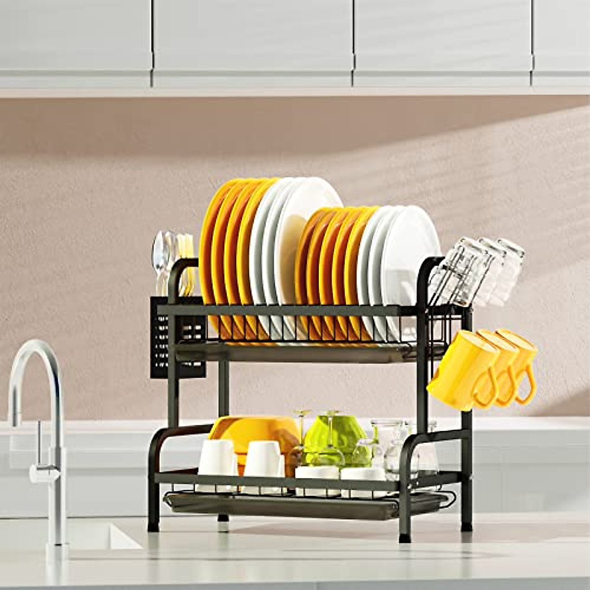 Swedecor Dish Drying Rack for Kitchen - 2 Tier Rust-Resistant Dish Rack Small Dish Drainer with Drainboard Tray, Cup Holder and Utensil Holder for Kitchen Countertop Saving Space, Black