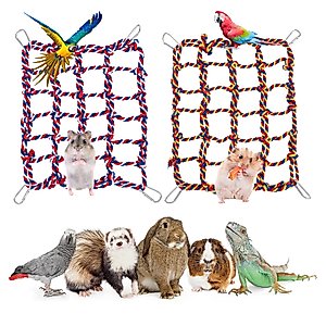 Jspupifip 2 Pcs Bird Rope Net Hamster Rat Bird Rope Ladder, Colorful Pet Climbing Ladder Rope Bridge Cotton Pet Hanging Hammock with 4 Hooks for Small Animal Bird Decor and Play(11.18x9.84 Inch)