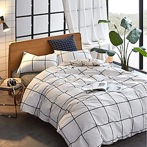 KAREVER White Grid Comforter Set Big Grid Queen Cotton White Black Plaid Printed Stripes Women Checkered Queen Comforters Bedding Set Bed Blanket Set White Plaid Comforter