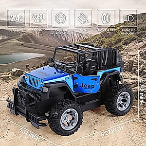 onthego RC Truck Jeep, 4WD Off-Road Remote Control Car SUV with Light, Metal Racing Vehicle Toy Car with Spring Suspension/Door Open/Storage Case for Kids Boys(Blue)