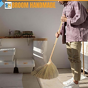 SN SKENNOVA Handmade Bamboo Grass Broom with Synthetic Rattan Binding - Tall 17" W x 40" H