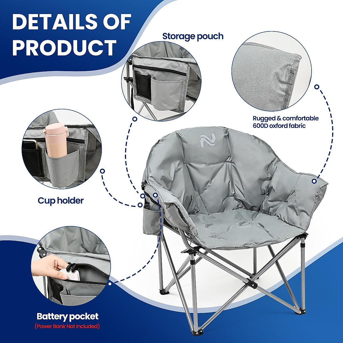 LILYPELLE Oversized Heated Camping Chair, Patio Lounge Chairs with 3 Heat Levels, Portable Folding Heated Chair Round Moon Saucer Folding Lawn Chair Outdoor Chair for Camping, Lounge Patio