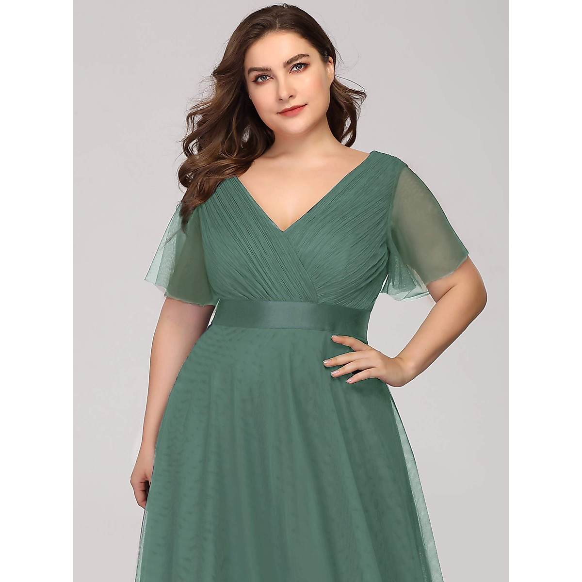 Ever-Pretty Women's Ruffle Sleeves Double V-Neck Tulle Wedding Party Dresses Plus Size Green US20