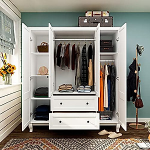DiDuGo Modern Bedroom Armoire 4 Door Wardrobe, Armoire Wardrobe Closet with Drawers & Shelves and Doors, Hanging Rod, Armoire Closet for Bedroom White (63”W x 18.9”D x 71.3”H)