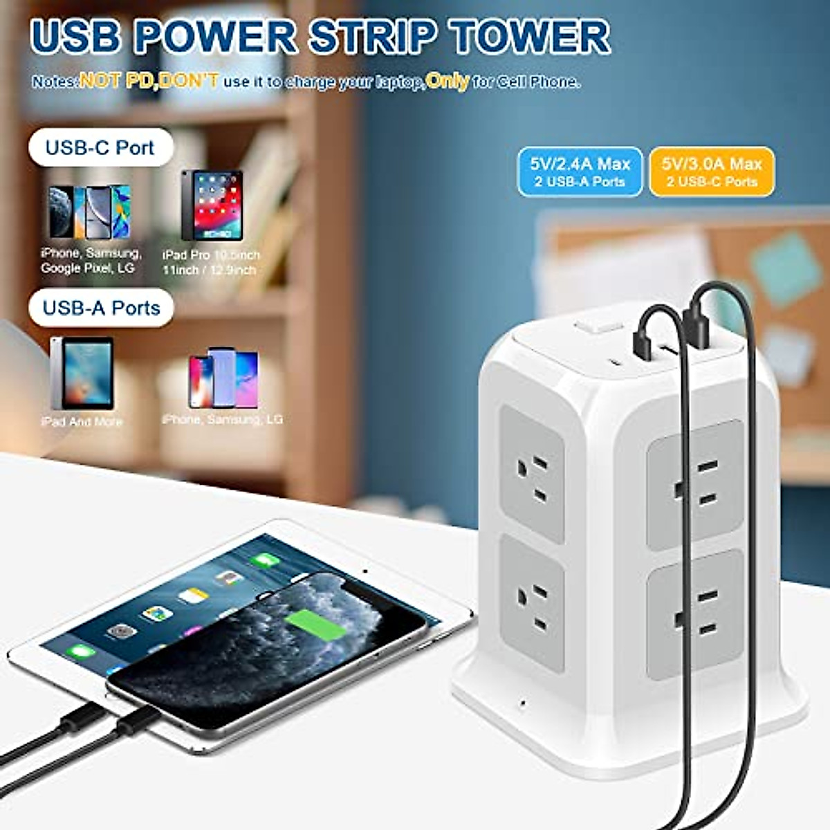 ODOM Tower Power Strip Surge Protector Flat Plug with 8 Outlets 4 USB Ports (2 USB C), 6 Feet Extension Cord with Multiple Outlets, Multi Charging Station, Home Office Supplies, Dorm Room Essentials