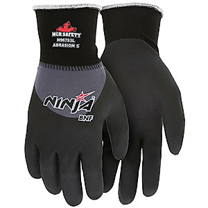 MCR Safety Gloves N96793L Ninja BNF Work Gloves 15 Gauge Nylon/Spandex Shell with NFT Coated Over the Knuckle Palm, Large,Black