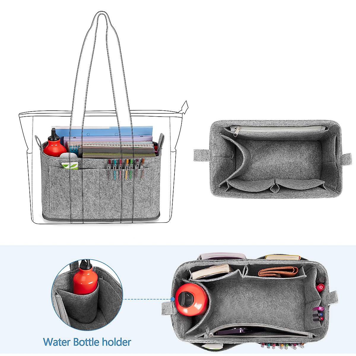 Damero Teacher Tote with Felt Insert Bag, Large Work Bag with 15.6 inch Laptop Compartment, Teacher Utility Tote for Office, Business, Travel, Gray