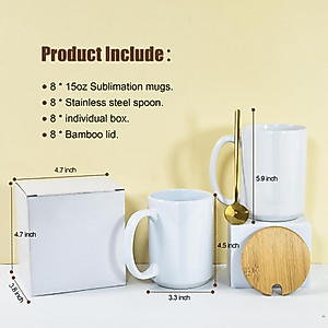 AGH 8pcs Sublimation Mugs 15 oz Blank Bulk, 15oz Sublimation Coffee Mug, White Ceramic Plain Mug Cups for Sublimation with Bamboo Lids & Stainless Steel Spoon for Coffee, Soup, Tea, Milk, Latte