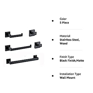 Ralbay 5-Pieces 14.2" Bath Towel Bar Set Black Premium Stainless Steel Square Style Matte Black Bathroom Hardware Accessories Set Wall Mounted Towel Rack Set