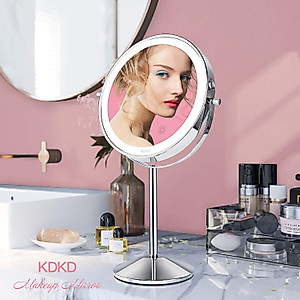 KDKD Lighted Makeup Mirror 7X Magnifying Swivel Vanity Mirror with 72 LED Lights 3 Color Modes, 8 Inch Round Tabletop Standing Polished Chrome Finished Cosmetic Mirror Rechargeable.
