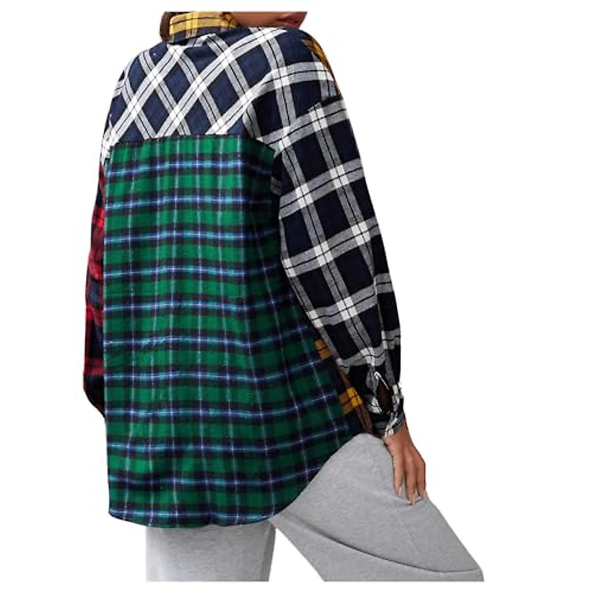 Floerns Women's Tartan Color Block Long Sleeve Plaid Button Down Blouse Multi S