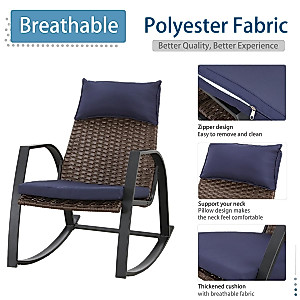 ARTLOFT 3 Piece Rocking Bistro Set Wicker Patio Outdoor Furniture Porch Chairs Conversation Sets with Coffee Table for Balcony, Garden, Backyard (Blue)