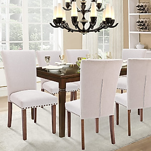Parsons Dining Chairs Set of 6, Upholstered Nailhead Dining Room Kitchen Side Chair with Thick Cushions and Wood Legs, Beige