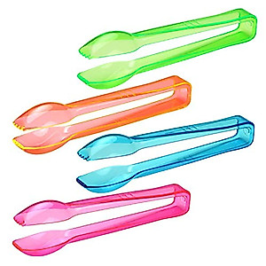 Tiger Chef 6 Inch Serving Ice Tongs Neon Glow In The Dark Under Blacklight Colored Heavy Duty Disposable Plastic Serving Set In Pink Blue Green Orange Set Of 4 (Ice Tong, Multi-Colored)