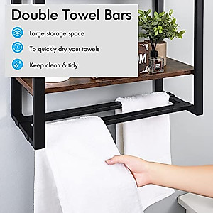 KES Bathroom Shelf with Bar Wall Mounted, 2-Tier Industrial Wooded Rustic Wall Shelf Over Toilet Rack with Double Adjustable Bar Floating Shelves 23.6-inch Metal Black, BTR500S60-BK