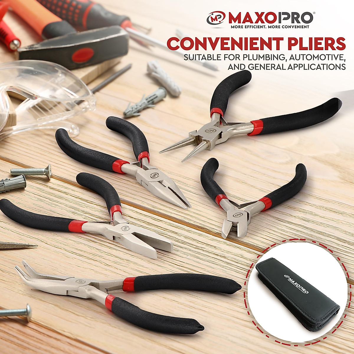 Premium Needle Nose Pliers Set – 5Pcs Anti-slip Comfort Grip Small Pliers Set - Round Nose, Toothless Needle Nose, Flat Nose, Diagonal & Toothed Needle Nose Pliers for Jewelry Making - By MaxoPro