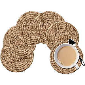 WENFOME 4 Pack Oval Jute Woven Placemats and Set of 4 Round Fabric Coasters, Cotton Braided Placemats Set, Dining Table Mat, Heat-Resistant Pot Holders, 12 * 16'' Washable Place Mats