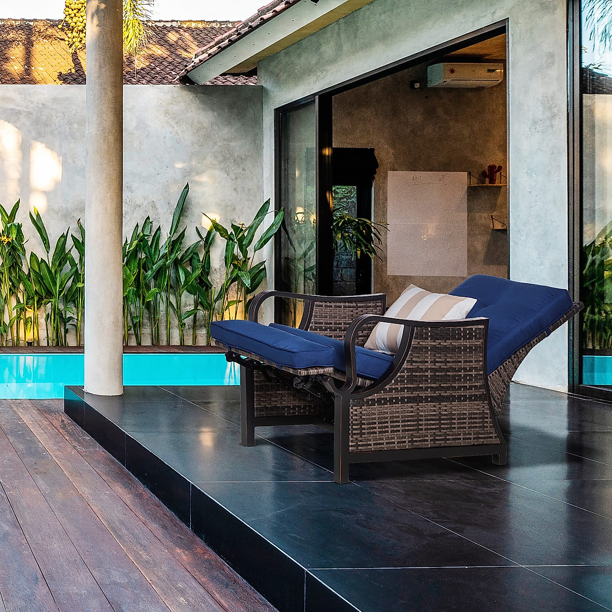 Outsunny Outdoor Recliner Chair with Cushion, Rust-Resistant Aluminum Frames PE Wicker Patio Lounge Chaise Chair with Adjustable Reclining Backrest and Footrest, Pillow, Red