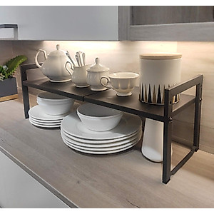 Urhomey plus Expandable Cabinet Shelf 16~26"(L), Stackable Kitchen Counter Shelf Organizer, 22LBS Heavy Duty Shelf Riser, Countertop Storage Pantry Shelf, Durable Metal Sink Shelf (Black)