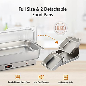 ROVSUN Electric 9 QT Stainless Steel Chafing Dish Buffet Set,Roll Top Catering Chafer Server Food Warmer with Full Size & 2 Detachable Food Pans,Transparent PC Lid for Party Wedding Banquet