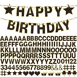 143 Pcs DIY Letter Banner Glitter Customizable Banner Kit Make Your Own LED Banner Include 87 Letters, 20 Numbers 24 Symbol 5 Rope 5 Needles and 2 String Lights for Happy Birthday Party