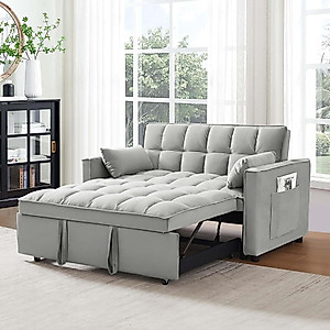 SumKea Pull Out Couch Bed Sleeper Sofa, Velvet 3-in-1 loveseat Sofa Bed with Pull-Out Bed, Two Throw Pillows, Grey