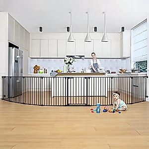 COMOMY 198" Baby Gate Extra Wide, Dog Gate Pet Gate for House Stairs Doorways Fireplace, Adjustable 3 in 1 Play Yard Child Safety Gate, Auto Close, Hardware Mounted (30" Tall, Black)