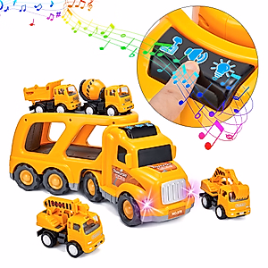 Kids Construction Trucks Toys for 3 4 5 6 Years Old Toddlers Kids, Car Toys Set with Sound and Light, Toy Vehicles in Friction Powered Carrier Truck, Christmas Birthday Gifts for Boys and Girls
