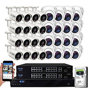 GW Security 32 Channel 4K NVR 8MP AI Human & Vehicle Detection Security Camera System with 32 UHD 4K 2160P Microphone PoE Outdoor/Indoor Weatherproof IP Security Bullet Cameras (White)