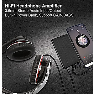 Hi-Fi Headphone Amplifier Buit-in Power Bank Portable 3.5mm Stereo Audio Out Powered by Lithium Battery Headset Support GAIN/BASS for Android phone/iPhone/iPad/MP3/MP4/Laptops and PCs, etc.