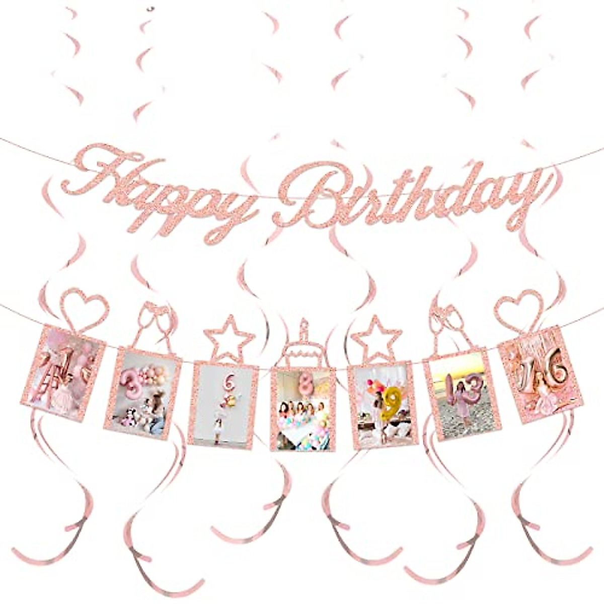 Concico Birthday decorations - Happy Birthday Photo banner and Hanging Swirls of Birthday party decor(Rose Gold)