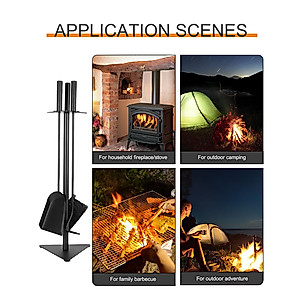 VODA Fireplace Tools Set, 4 Pcs 22.8 Inch Fireplace Tools Black Cast Iron Small Outdoor/Indoor Fireplace Accessories with Poker, Shovel, Broom, Fireplace Tool Stand