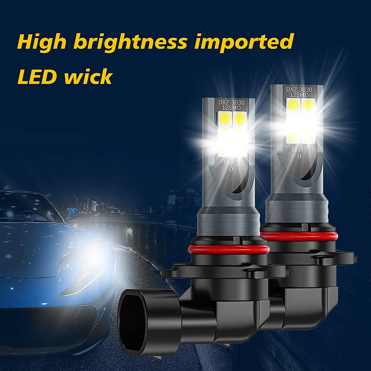 GKmow 2 PCS 9005 Car Fog Light Bulb, 3030 12SMD 50000H 6000K High Brightness Stable Light Source Reversing Light, 1500LM 360° Lighting Tail Light, Suitable Most Car Models (White) (GKQZD2001WH-9005)