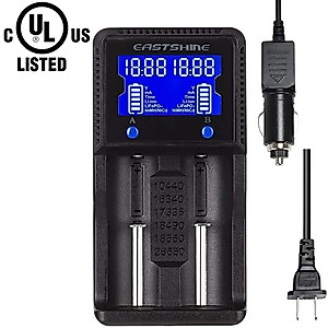 EASTSHINE Universal Smart Battery Charger 2 Slots for Rechargeable Batteries 1.2V Ni-MH Ni-Cd AA AAA C 3.2V LiFePO4 3.7V Li-ion IMR 18650 26650 21700 16340 14500 18500 10440 18350 RCR123A UL Listed