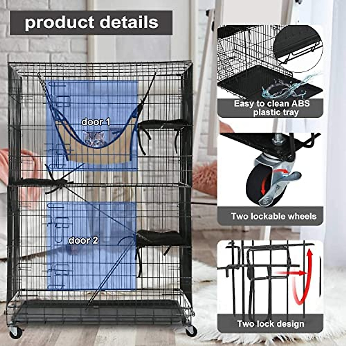 48'' Large Cat Cage with Wheels, Collapsible Large 3-Tier Metal Cat Enclosure Perching Shelves Cat Crate Cat Kennel Ferret Chinchilla Cage with Cat Hammock/3 Cat Bed/3 Ramp Ladder/Cat Litter Pan