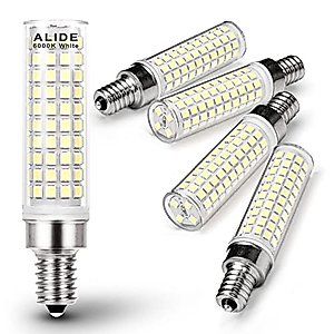 ALIDE E12 100w Replacement LED Candelabra Bulbs C7,6000K Daylight Bright Cool White,1200 Lumen T6 E12 10W LED Chandelier Light Bulbs for Ceiling Fan Pendant Lighting Salt Lamp,Non-dimmable,5 Pack