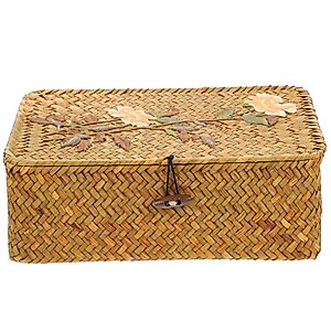 Zerodeko Seagrass Rattan Storage Basket Weaving Storage Box Wicker Basket Embroidery Pattern Storage Box Rectangular Makeup Organizer Container with Lid Shelf Baskets M