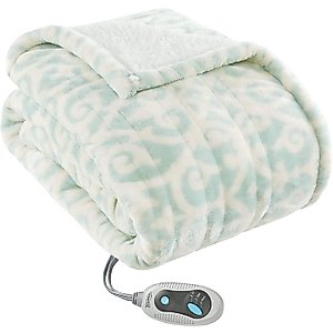Beautyrest Ultra Soft Sherpa Berber Fleece Electric Poncho Wrap Blanket Heated Throw with Auto Shutoff, 50 in x 64 in, Dusty Blue Lattice