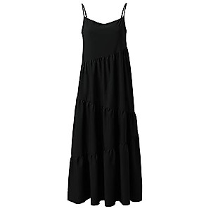 Women’s Summer Casual Loose Sleeveless Spaghetti Strap Asymmetric Tiered Beach Maxi Long Dress (A-Black, XXL)