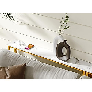 ELYKEN 5.9" Narrow Console Sofa Table with Power Outlets and USB Port, 5.9" Dx39.4 Wx31.1 H Marble Texture Skinny Couch Table with Bright Yellow Metal Frame