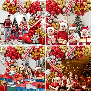 Bonropin Christmas Balloon Garland Arch Kit with Xmas Red and Gold Silver Balloons Candy Cane Balloons Gift Box Balloons Starburst Balloons for New Year Winter Christmas Party Decorations