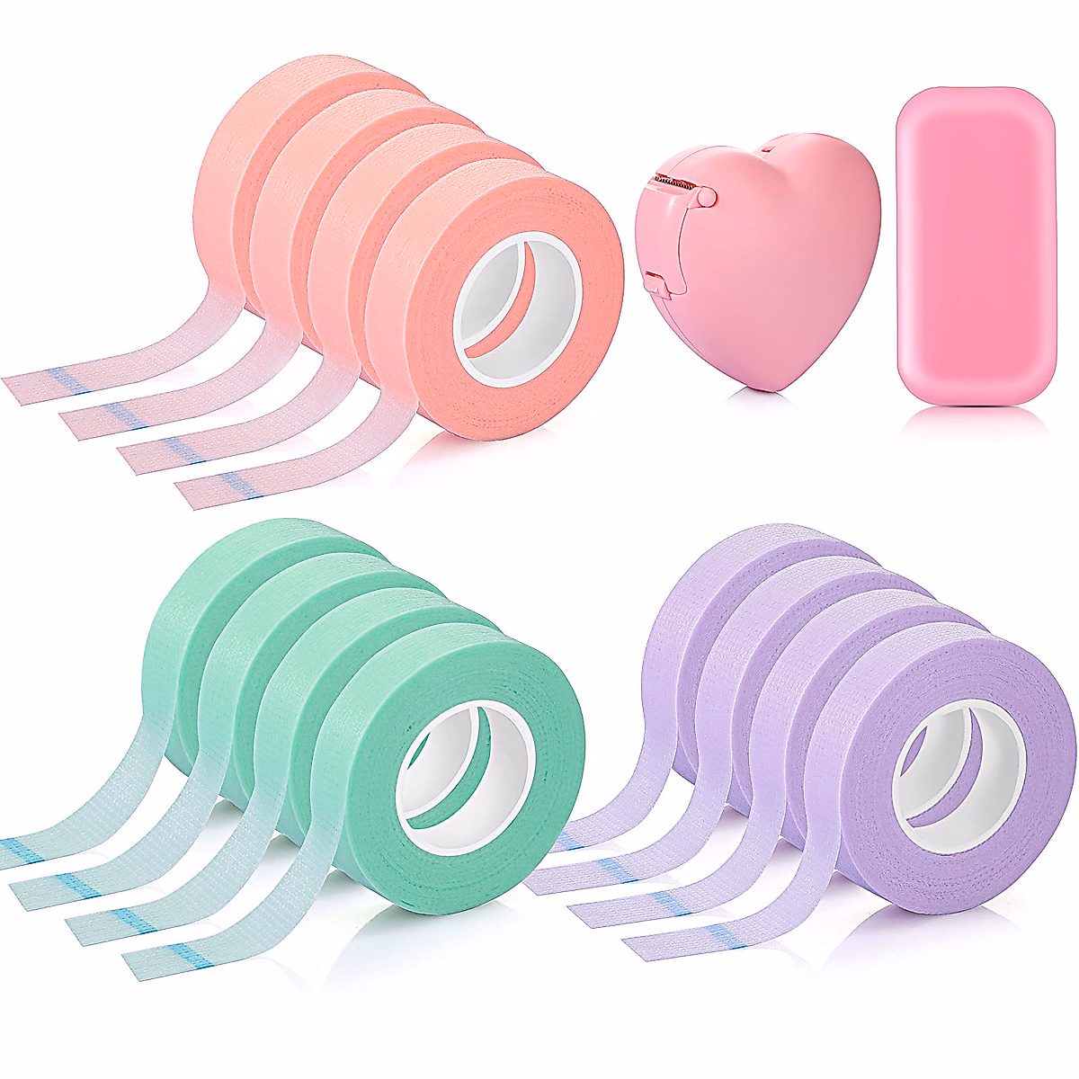12 Rolls Eyelash Extension Tape Breathable Lash Tape with Silicone Eyelash Pad Eyelash Grafting Pad and Heart-shaped Tape Cutter, Adhesive Non-woven Lash Tape Colorful Makeup Lash Tape for Women