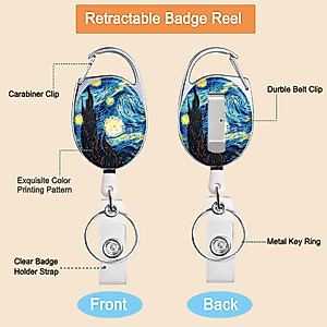 Badge Holder, Retractable Badge Reel with Carabiner Belt Clip and Key Ring, Name Tag Work Badge Clip Vertical ID Card Holder for Name Card (Art Night Painting)