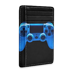 Video Game Joystick Gamepad in Blue Neon Lights Isolated on Black Slim Minimalist Wallet, Front Pocket RFID Leather Blocking Card Holder Case for Men Women Girls Ladies, Stylish Printing Gift