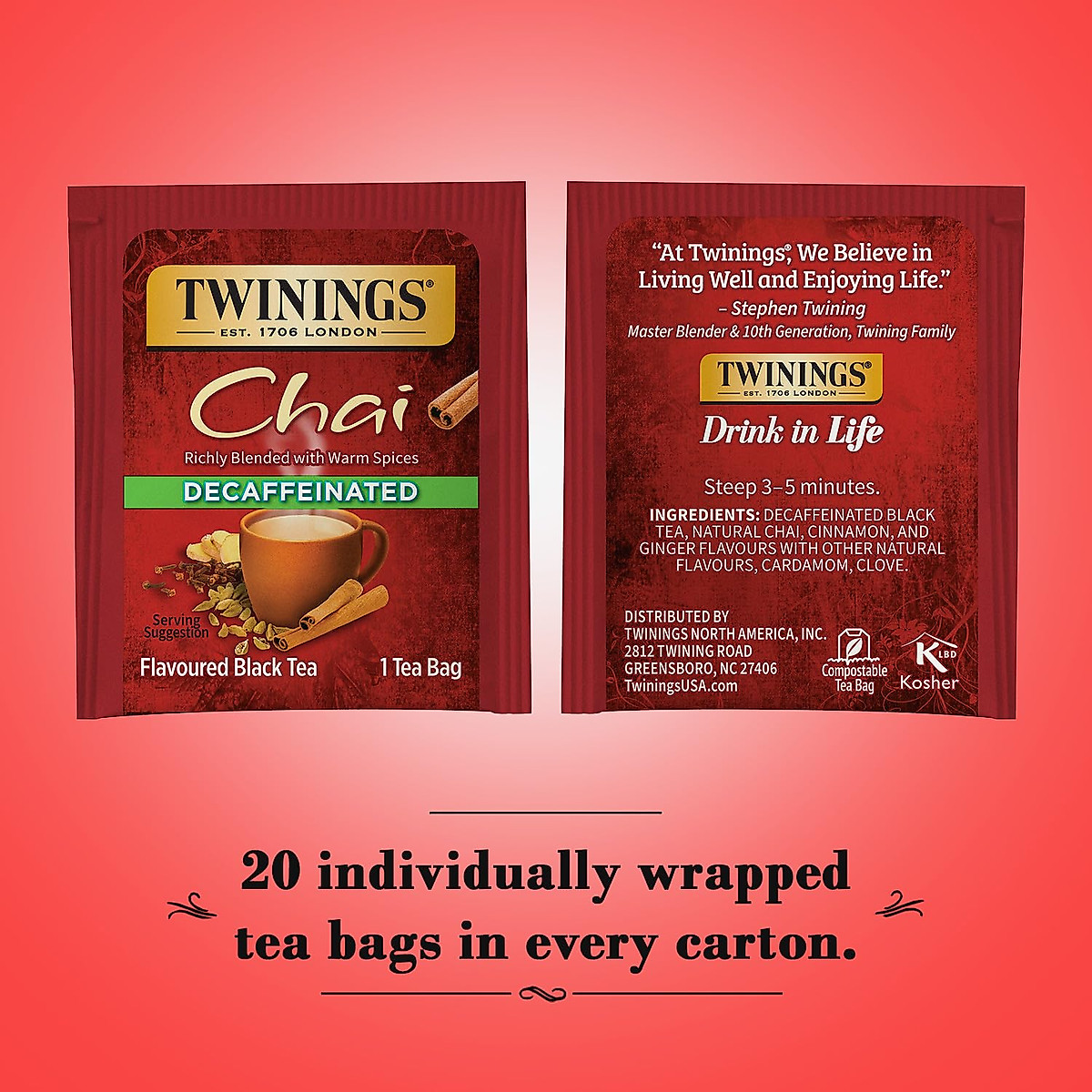 Twinings Decaffeinated Chai Tea, Black Tea Blend with Cinnamon, Ginger, Cardamon, Cloves for a Sweet and Spicy Flavor, 20 Count
